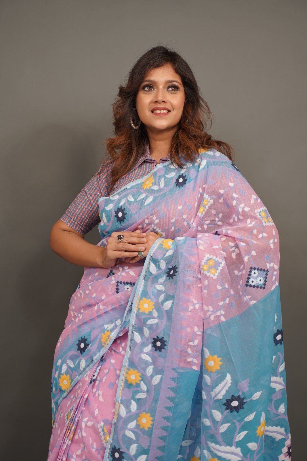 Pink Handwoven Jaamdani Insta-Saree with Attached Petticoat (Ready-to ...