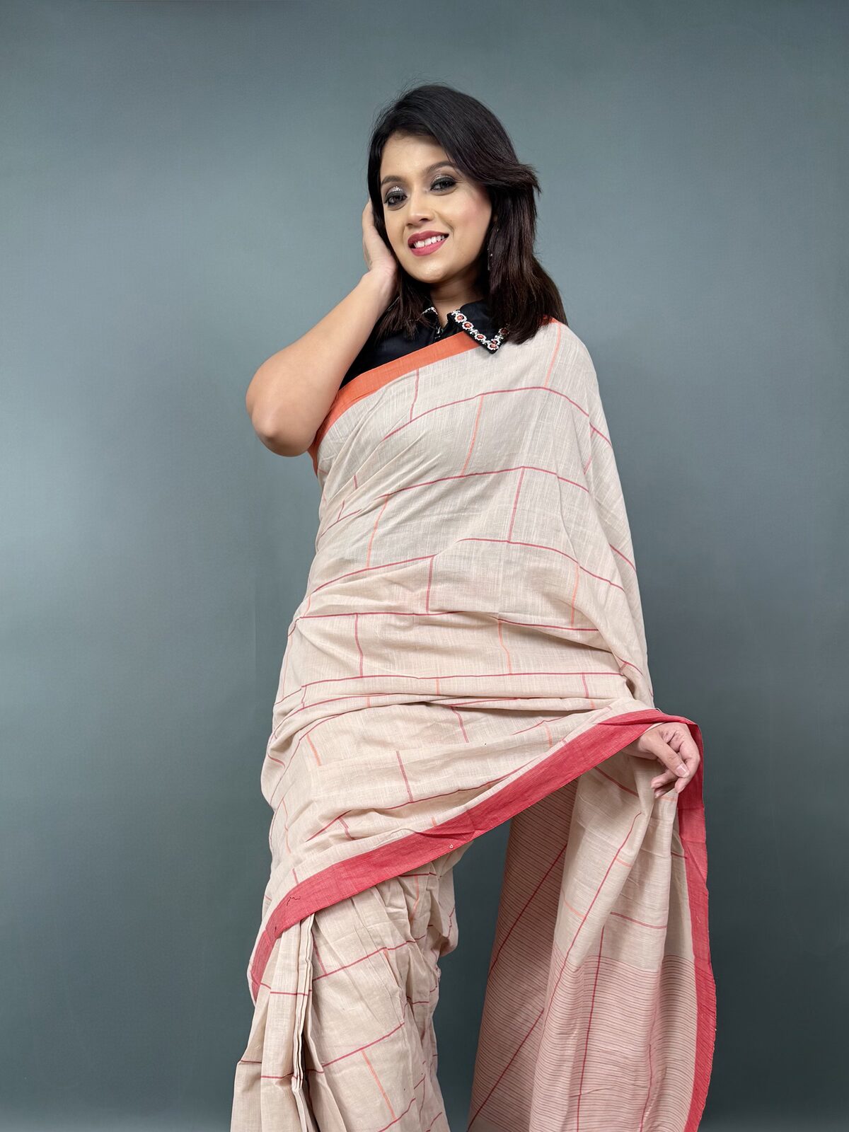 Eentika – Off-White Handloom Insta-Saree with Brick Weave & Red-Orange ...
